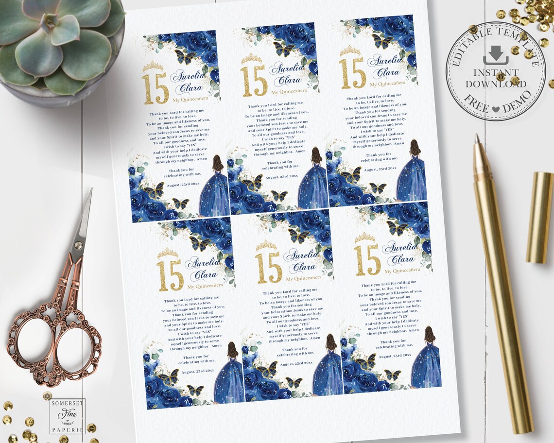Prayer Card Rosary Favor Royal Blue Floral Roses EDITABLE TEMPLATE ...