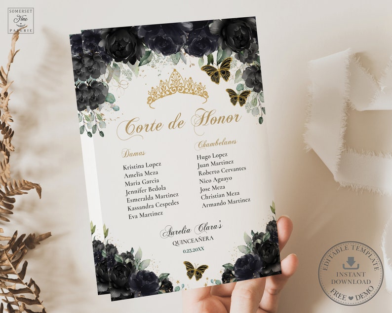 Black Floral Roses Gold Butterflies Quinceañera Program Printable ...