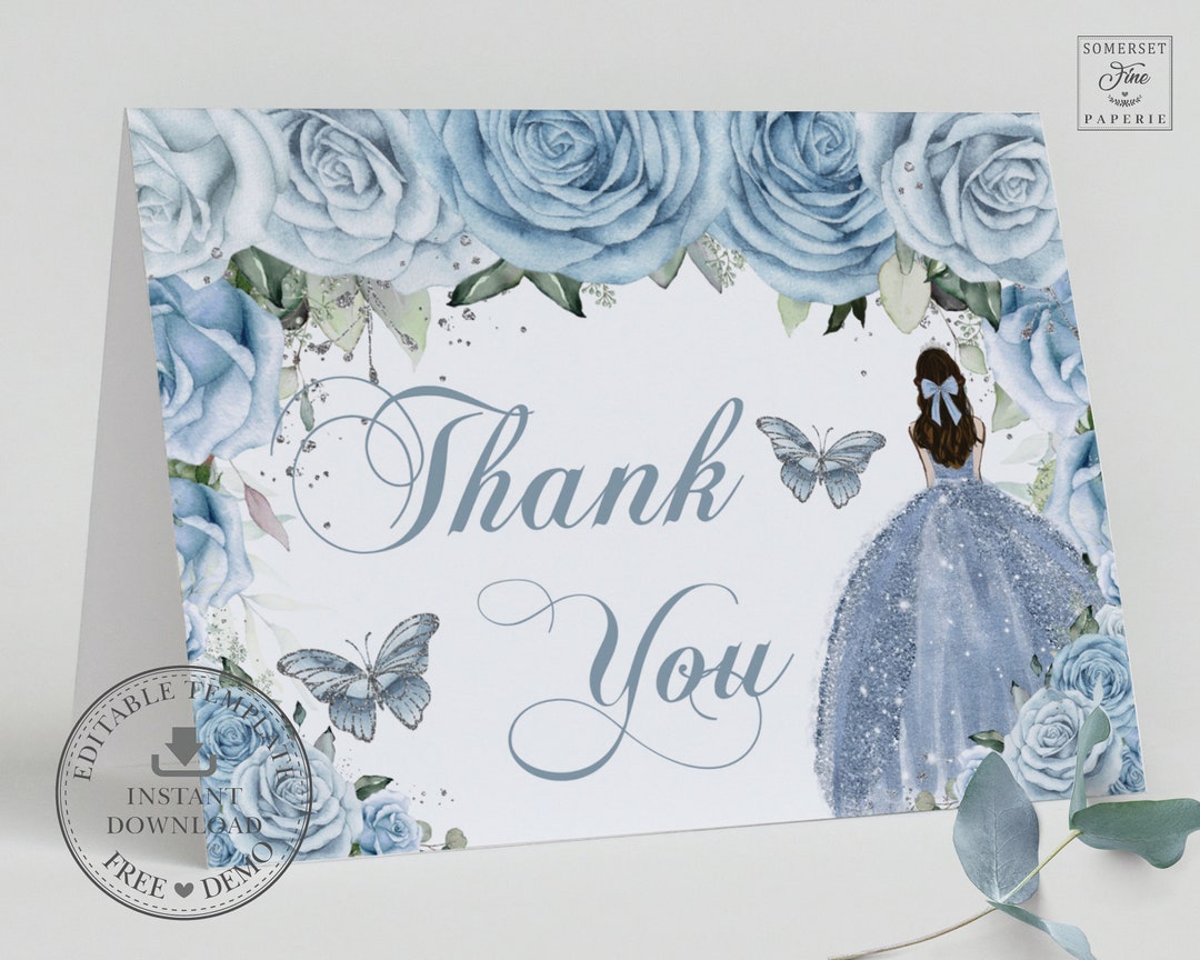 Baby Blue Floral Silver Folded Thank You Card Printable EDITABLE ...