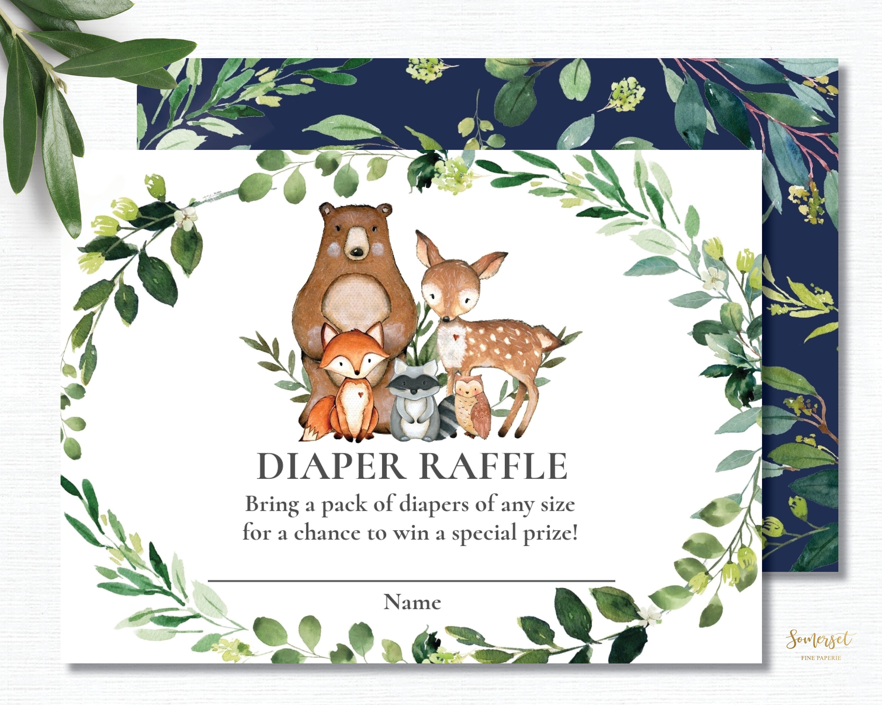 Woodland Animals Greenery Diaper Raffle Ticket INSTANT DOWNLOAD, Deer ...