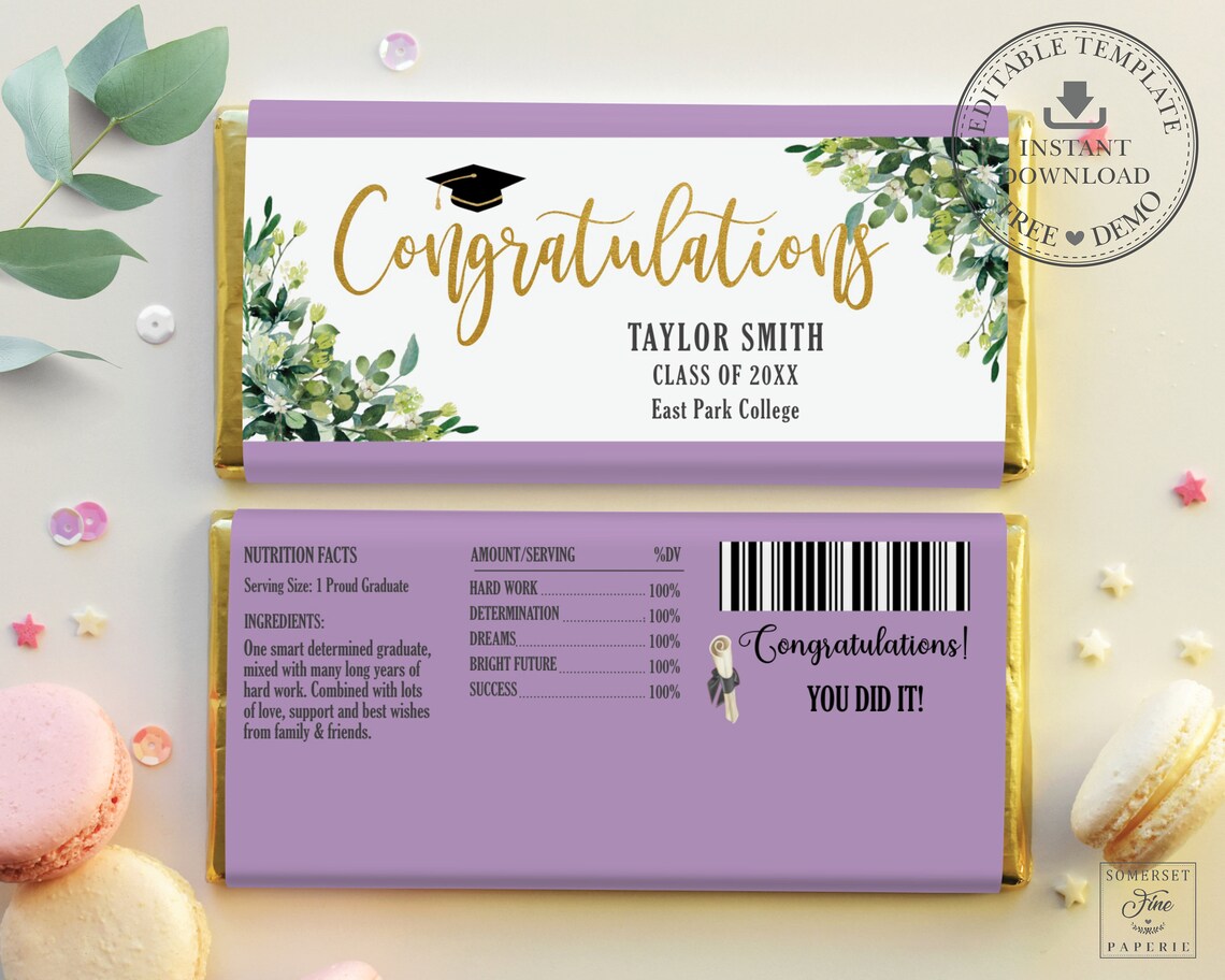 Chic Greenery Graduation Chocolate Bar Wrappers EDITABLE TEMPLATE ...
