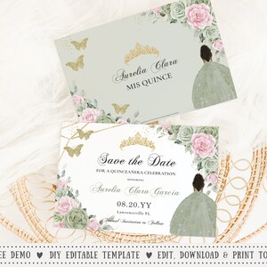 EDITABLE Sage Green Pink Floral Quinceañera Save the Date Card Brown ...