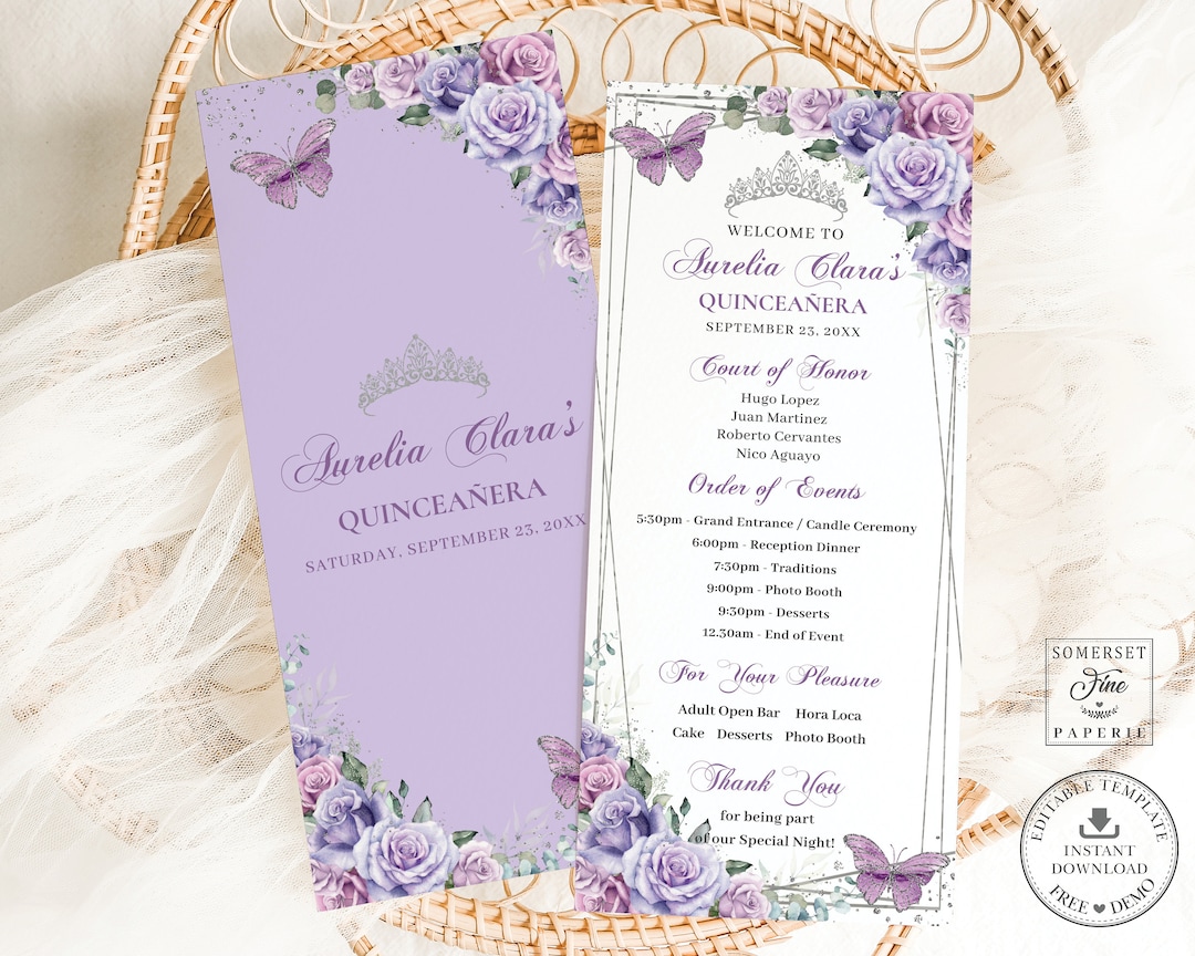 EDITABLE Purple Lavender Lilac Roses Floral Silver Butterflies ...