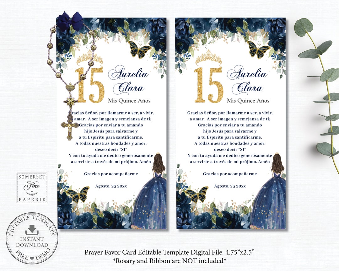 Prayer Card Rosary Favor Navy Dark Blue Floral Gold EDITABLE TEMPLATE ...