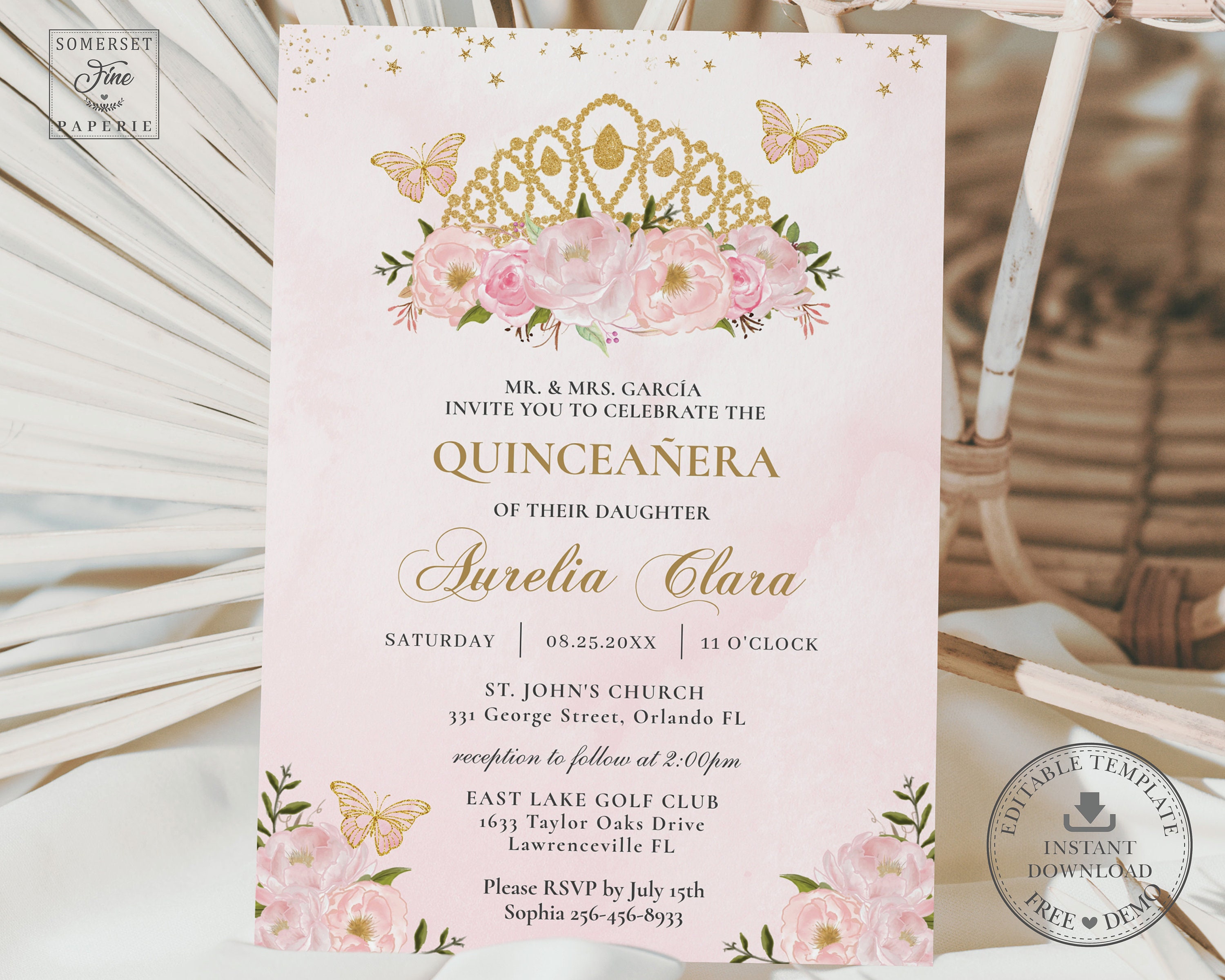 Pink Floral Princess Quinceañera Invitation INSTANT DOWNLOAD - Etsy