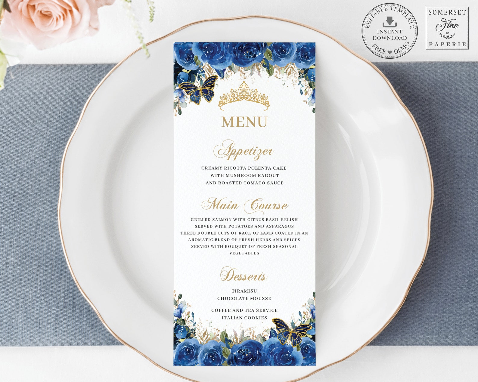 Royal Blue Floral Quinceañera Menu, EDITABLE TEMPLATE, Princess Gold ...