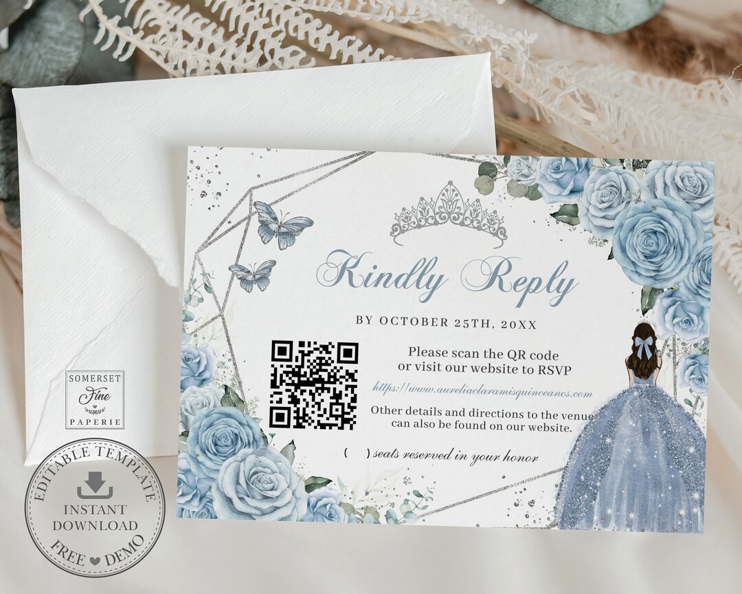 Baby Blue Floral Silver Quinceañera RSVP Card QR Code Printable ...