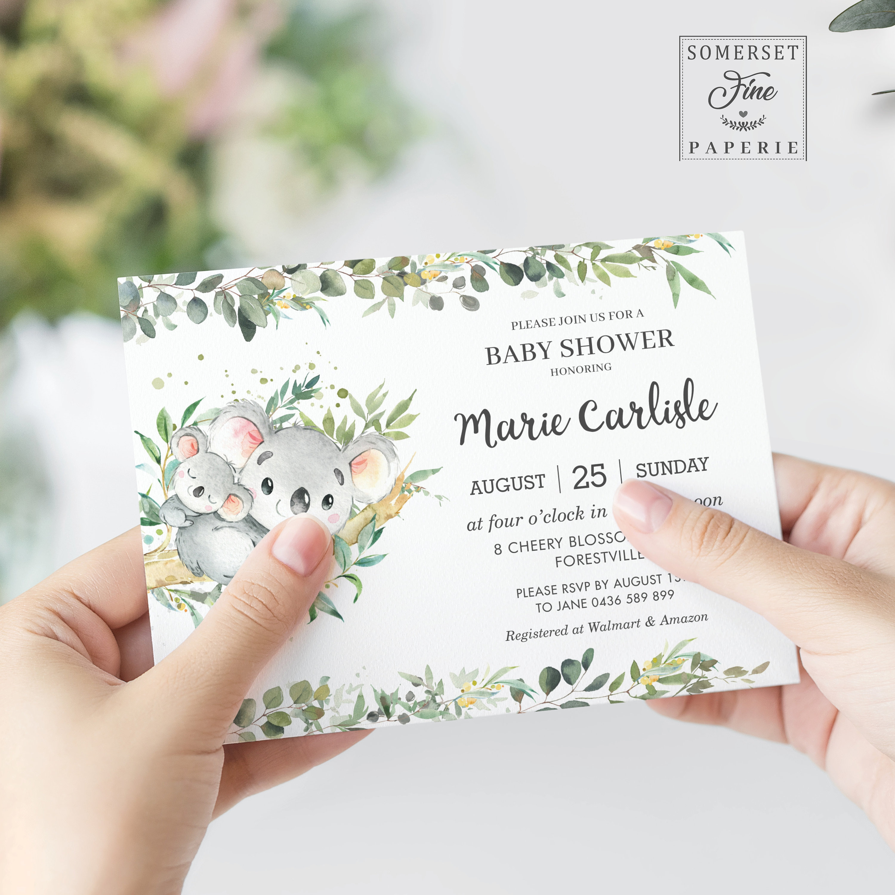 Koala Invitation, EDITABLE TEMPLATE, Eucalyptus Greenery Cute Mom and ...