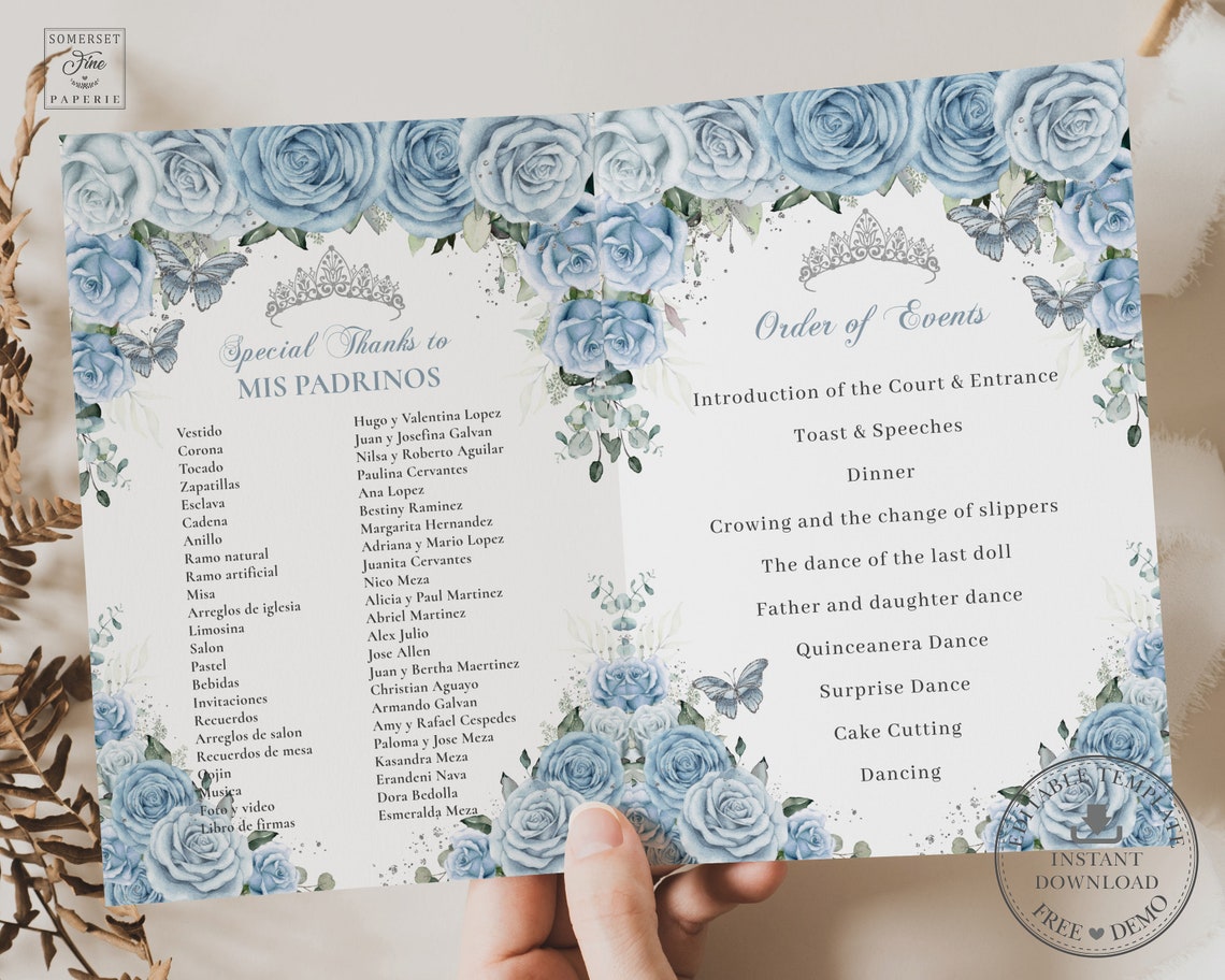 Baby Blue Floral Silver Butterflies Quinceañera Program Printable ...