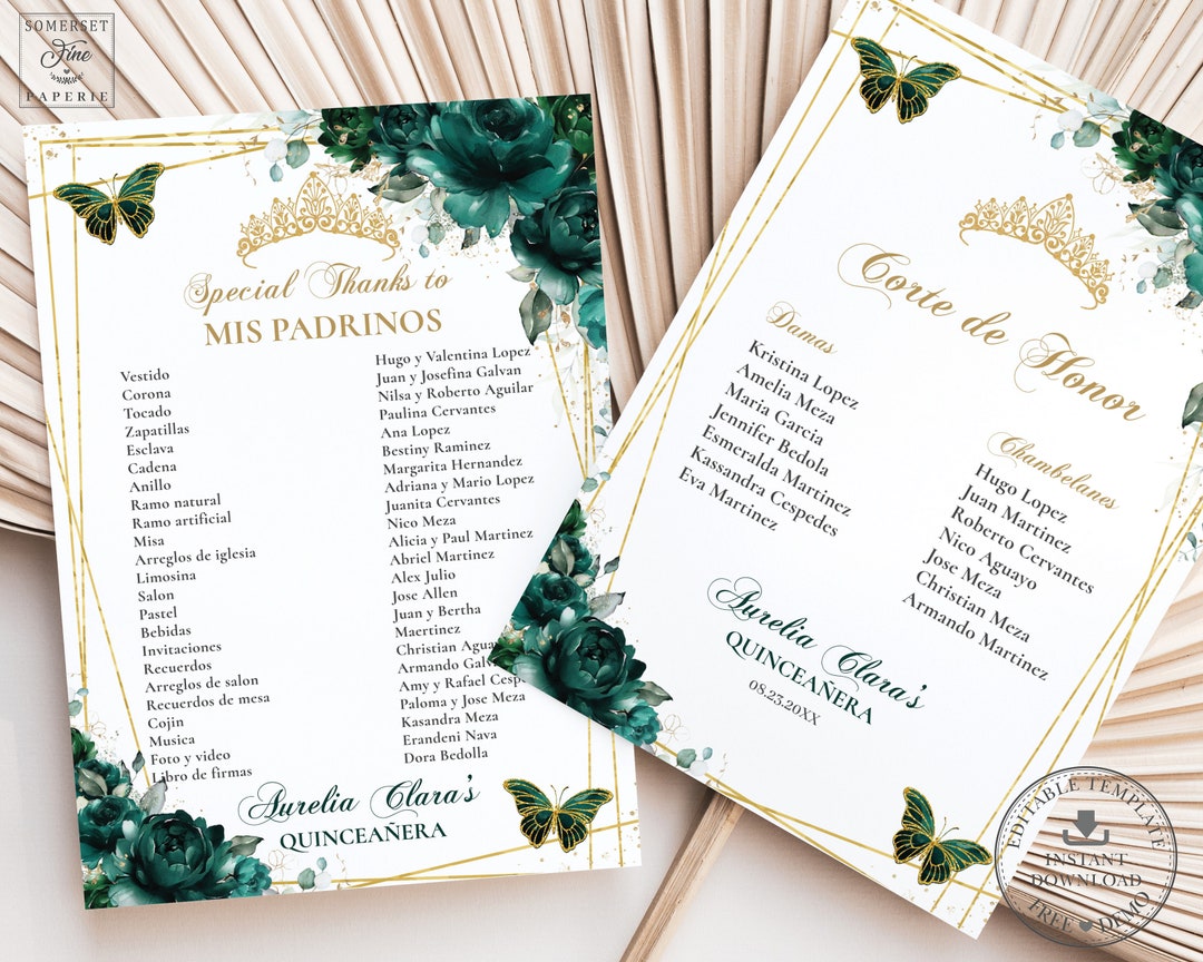 Emerald Green Floral Quinceañera Mis Padrinos List Printable EDITABLE ...