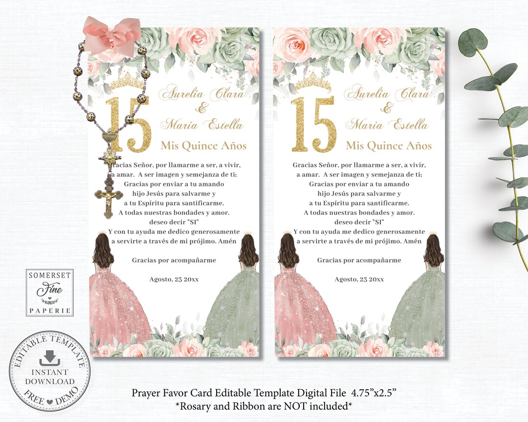 Prayer Card Rosary Favor Sage Green Blush Floral Dress EDITABLE ...