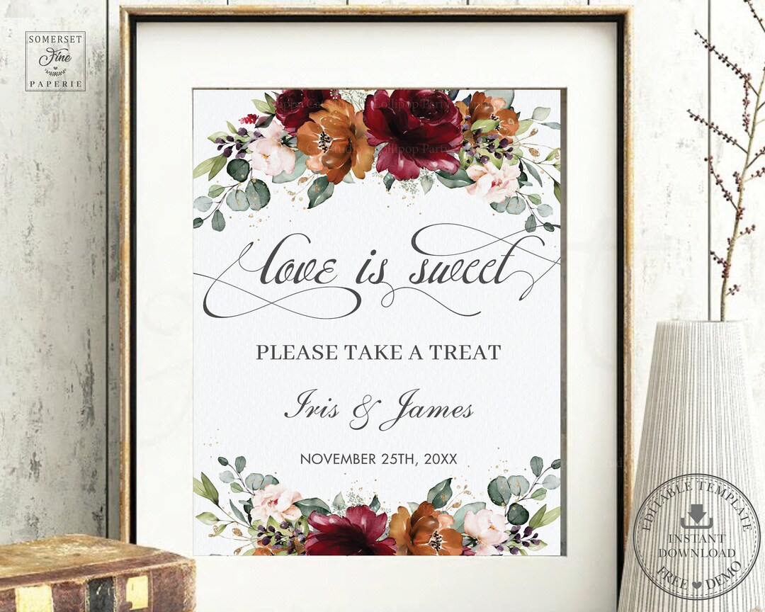 Love is Sweet Please Take a Treat Sign, Burgundy Burnt Orange Pink ...