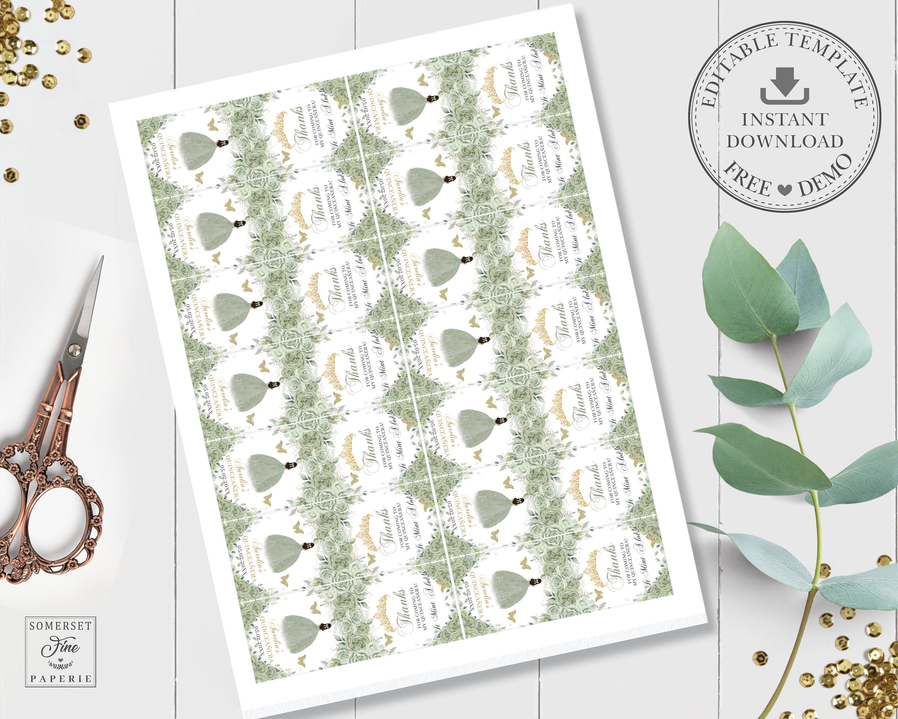 Sage Green Floral Gold Princess Tic Tac Labels Printable EDITABLE ...