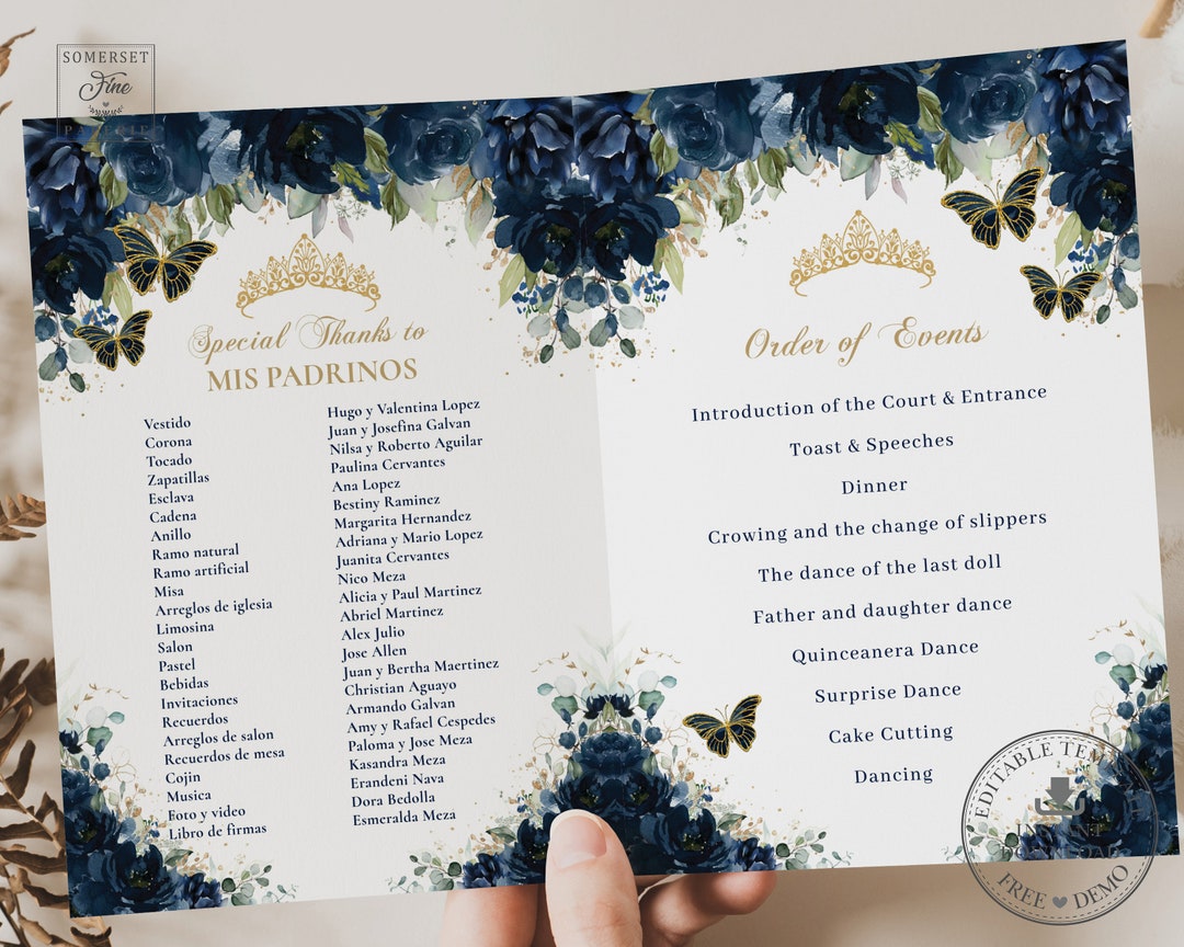 Navy Blue Floral Gold Butterflies Quinceañera Program Printable ...
