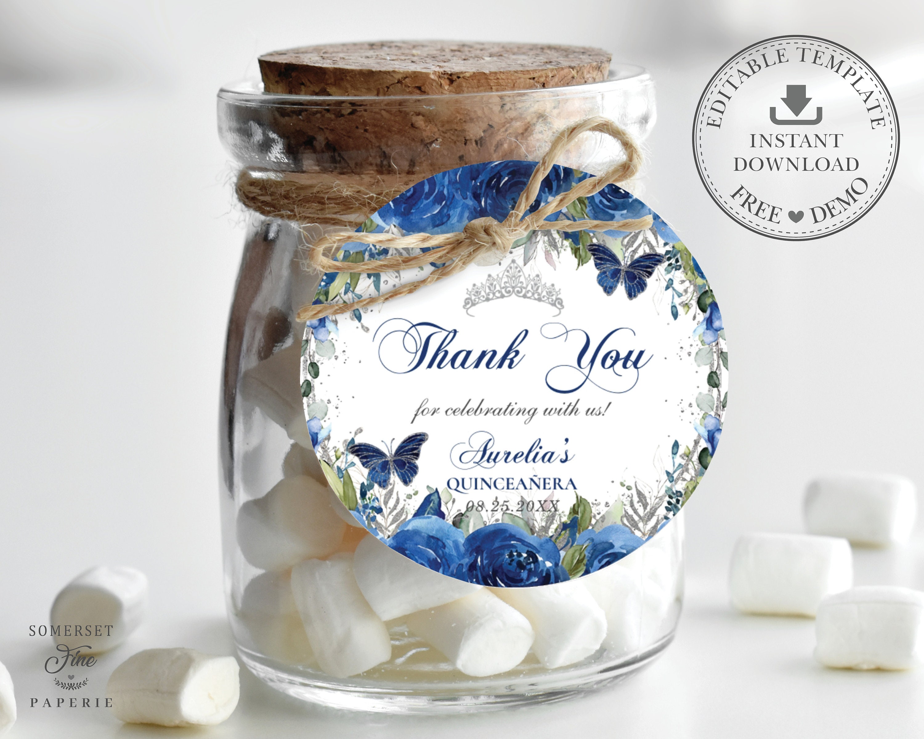 EDITABLE TEMPLATE 2" Circle Round Favor Label, Royal Blue Floral ...