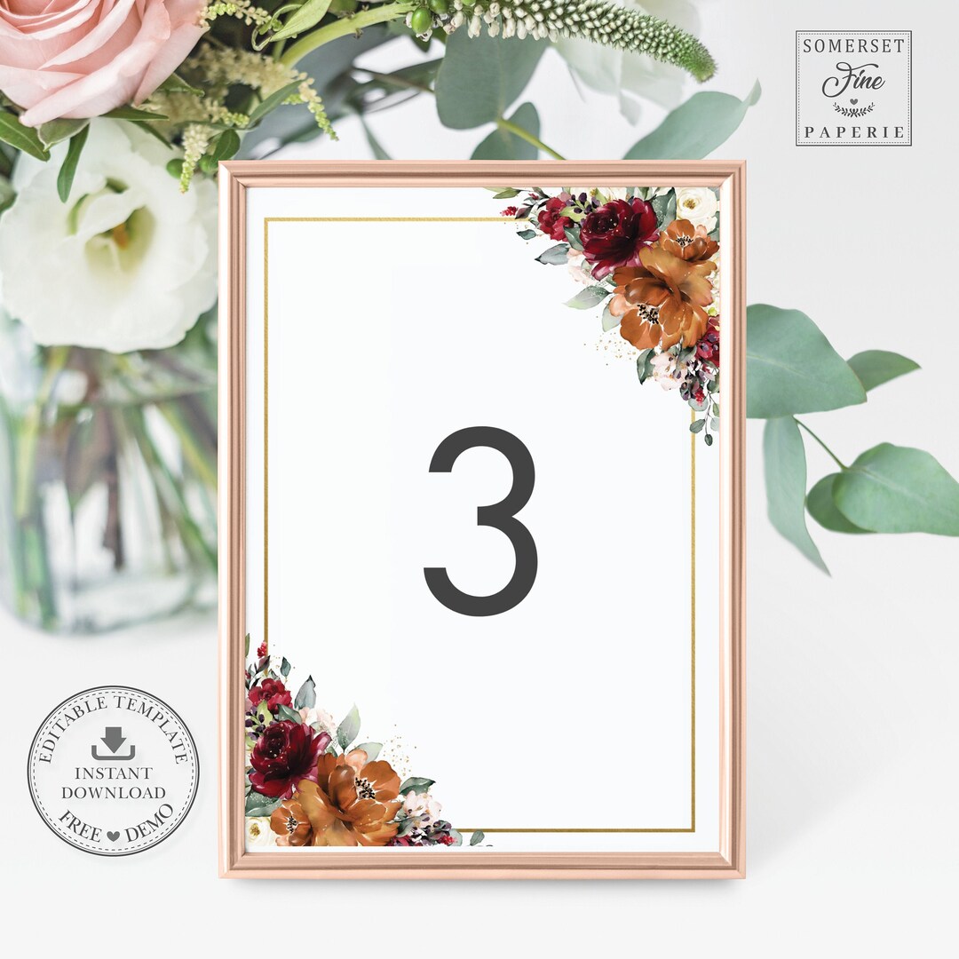 Burgundy Burnt Orange Blush Floral Table Numbers EDITABLE TEMPLATE ...