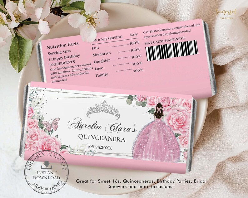 EDITABLE Pink Roses Floral Princess Chocolate Bar Wrapper Silver ...