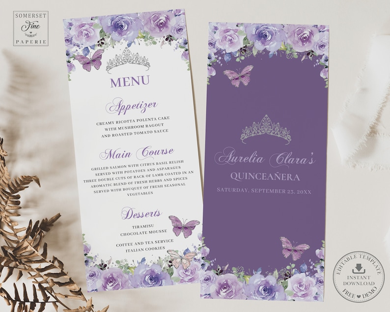 Purple Lilac Floral Silver Quinceañera Menu EDITABLE TEMPLATE - Etsy