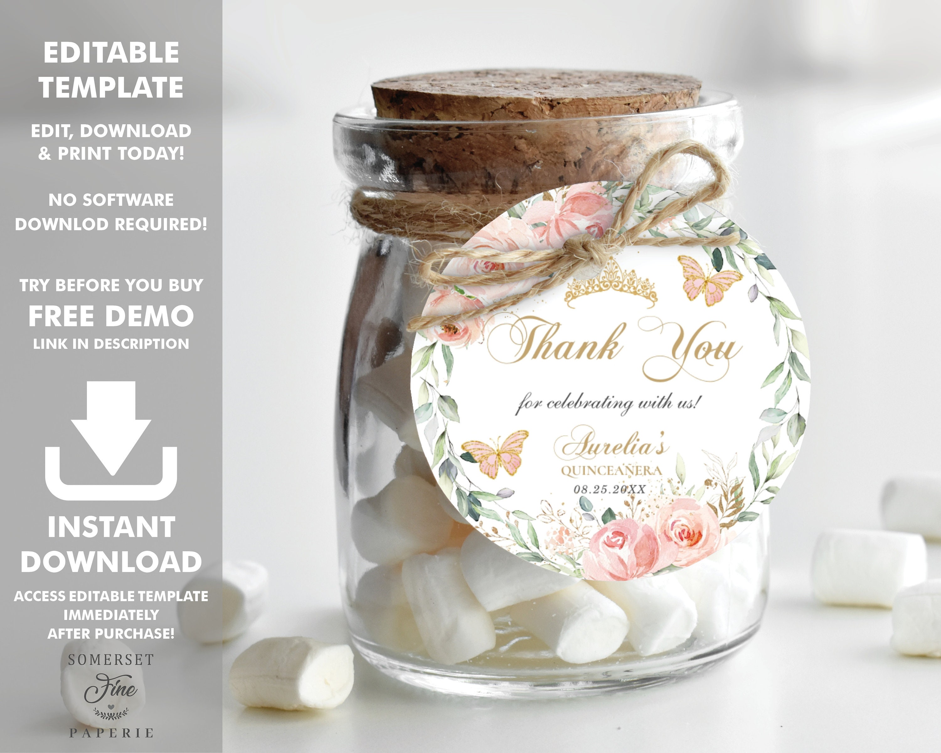 EDITABLE TEMPLATE 2" Circle Favor Label Blush Pink Floral Butterfly ...