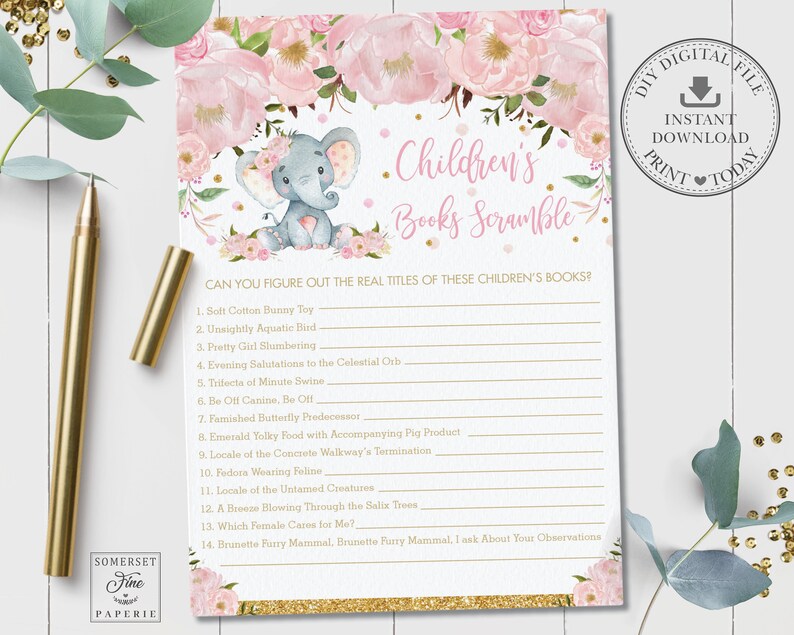 Elephant Pink Floral Baby Shower Game Bundle INSTANT - Etsy Australia