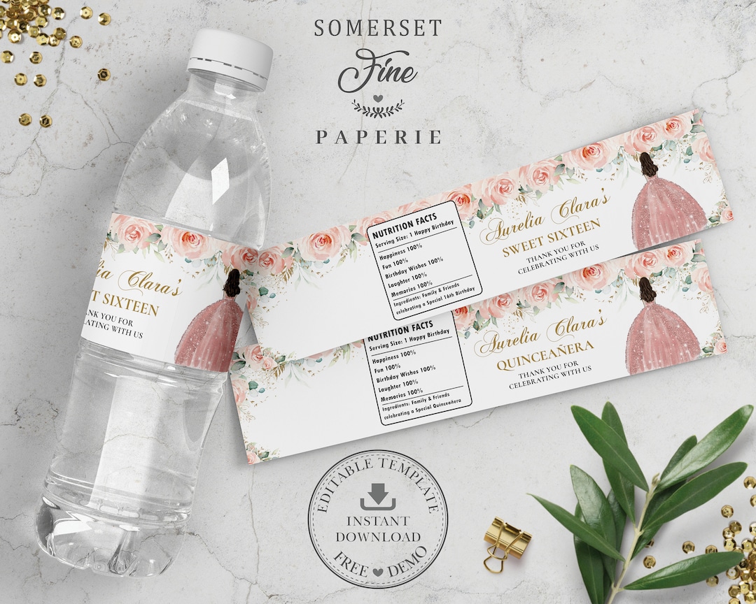 Blush Pink Floral Quinceanera Water Bottle Label, EDITABLE TEMPLATE ...