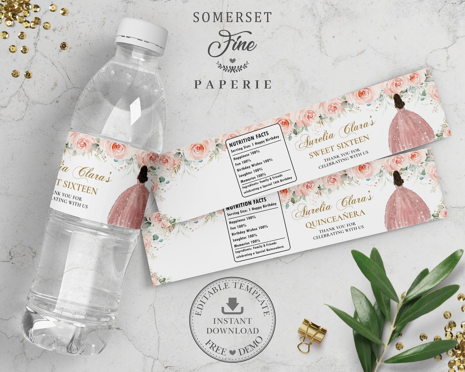 Blush Pink Floral Quinceanera Water Bottle Label, EDITABLE TEMPLATE ...