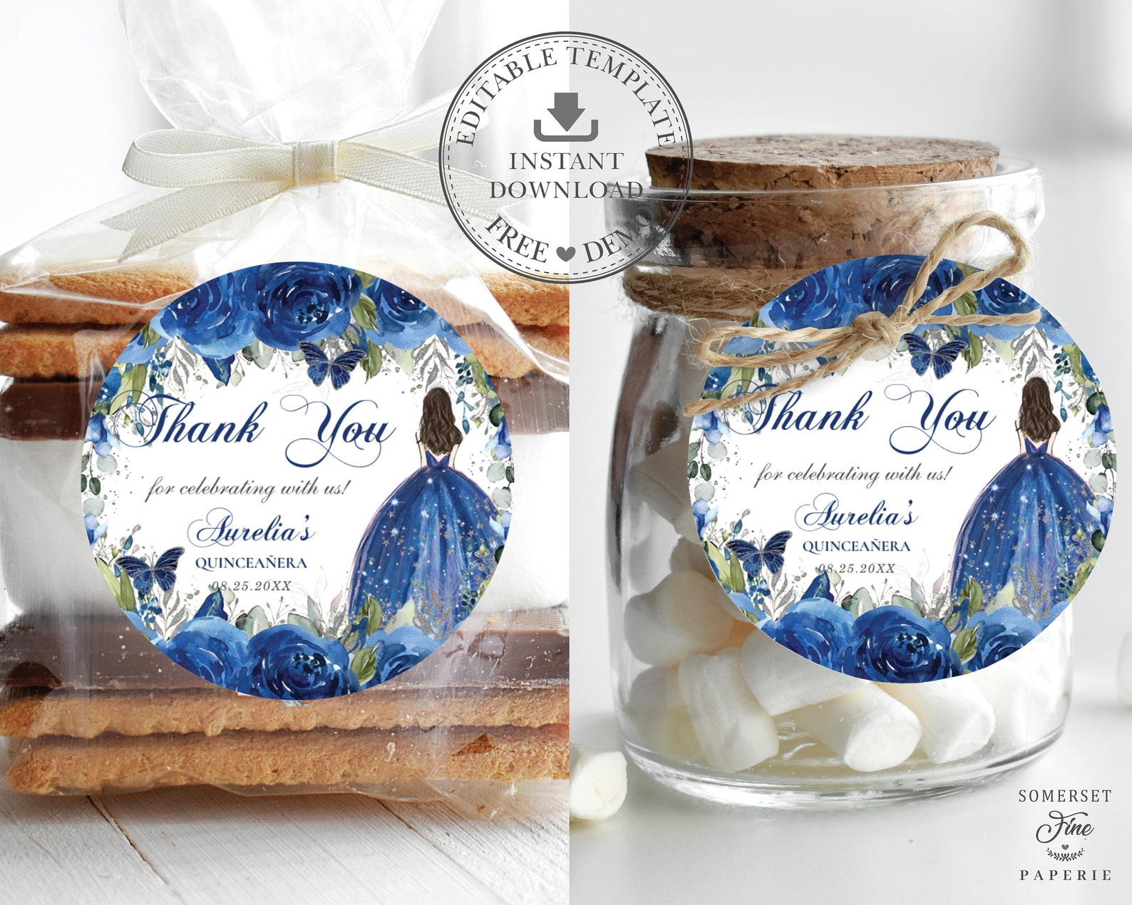 EDITABLE TEMPLATE 2" Circle Favor Label, Royal Blue Floral Flowers ...