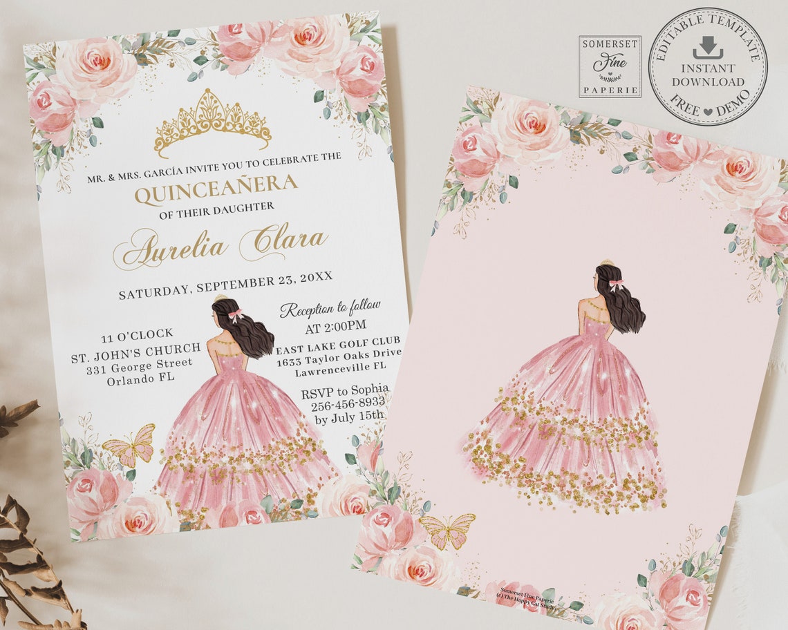 Blush Pink Floral Quinceañera Invitation Printable, EDITABLE TEMPLATE ...