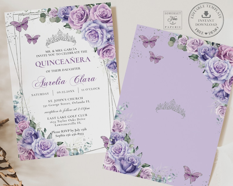 Lavender Lilac Purple Floral Silver Quinceañera Invitation - Etsy