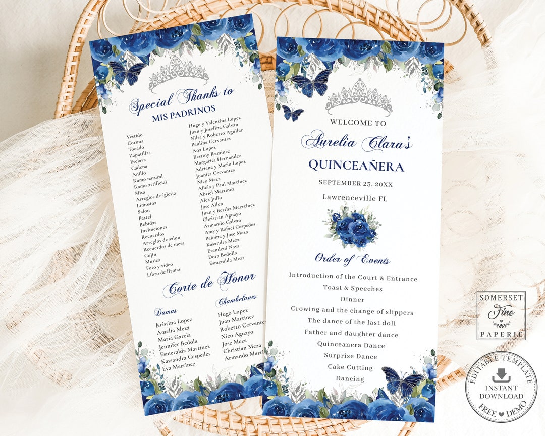 EDITABLE Slim Royal Blue Floral Silver Quinceanera Program Quince ...
