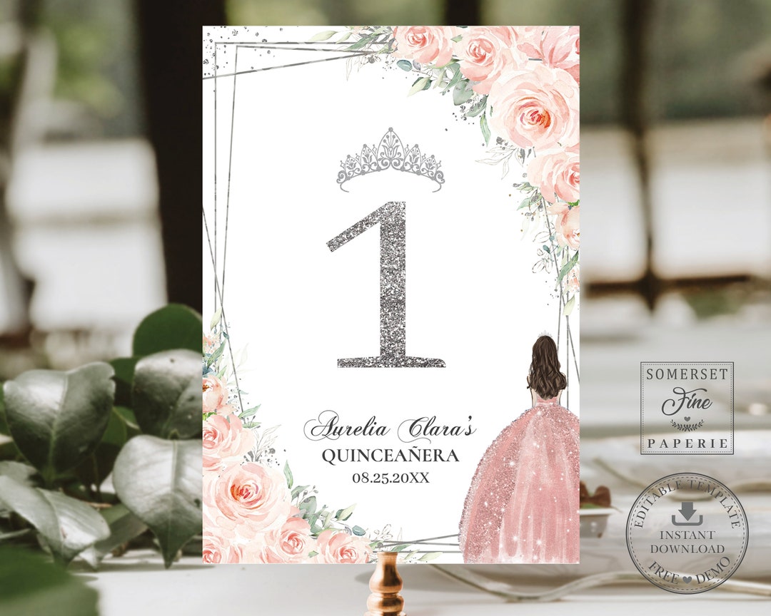 Blush Pink Floral Princess Dress Table Number EDITABLE TEMPLATE Silver ...