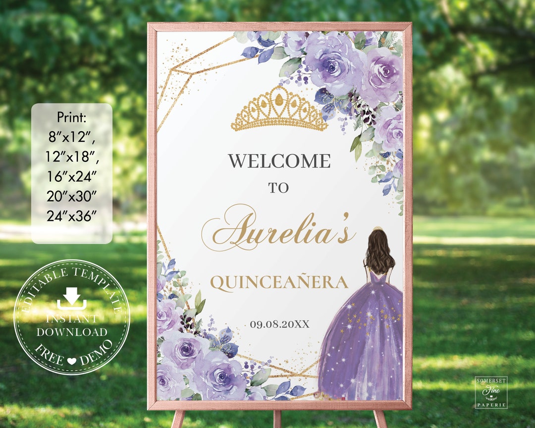 Lilac Purple Lavender Floral Quinceañera Welcome Sign EDITABLE Template ...
