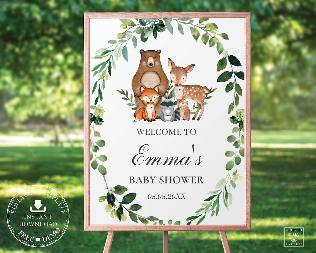 EDITABLE Rustic Greenery Woodland Animals Welcome Sign Baby Shower 1st ...