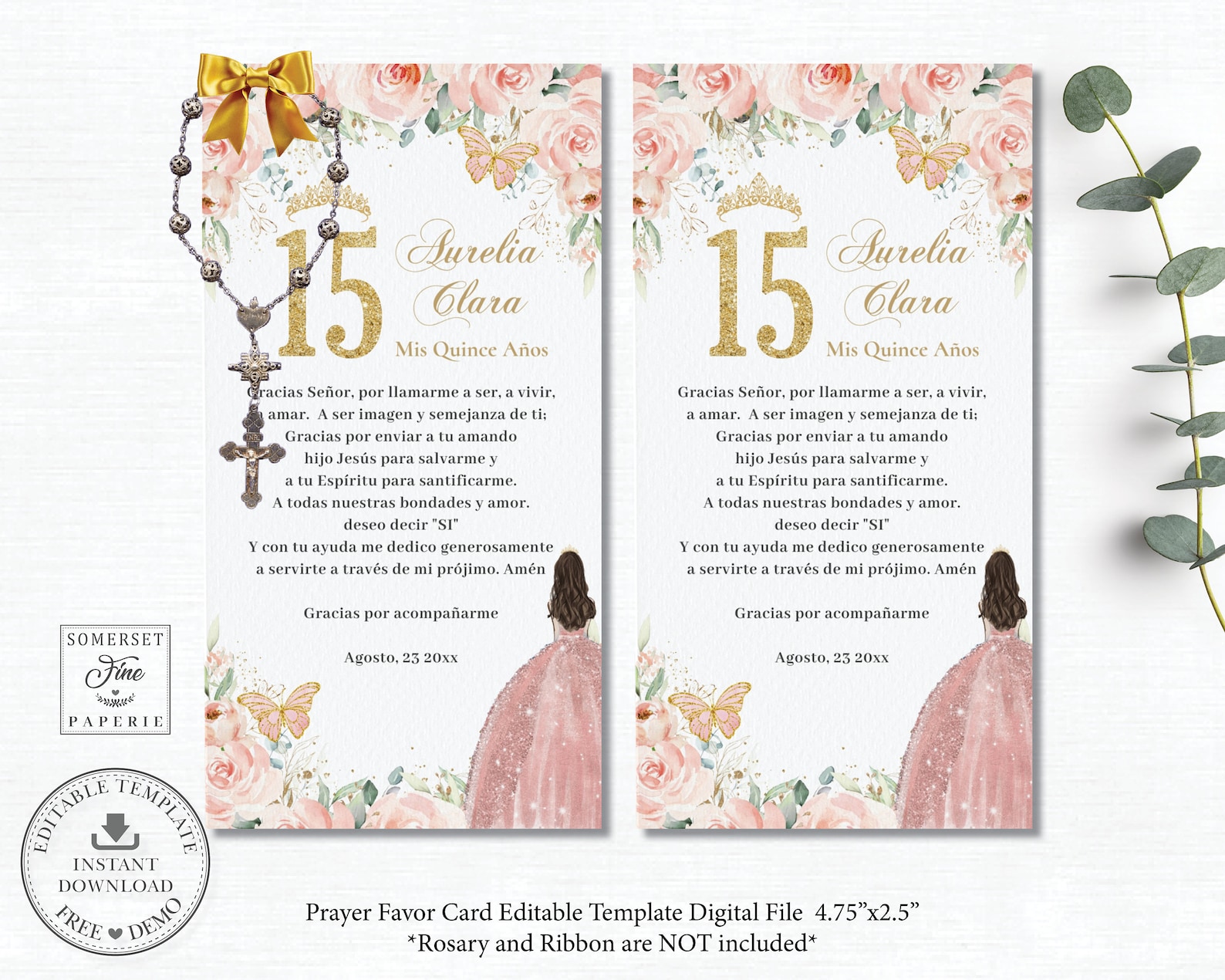 Prayer Card Rosary Favor Blush Pink Floral Roses EDITABLE TEMPLATE ...