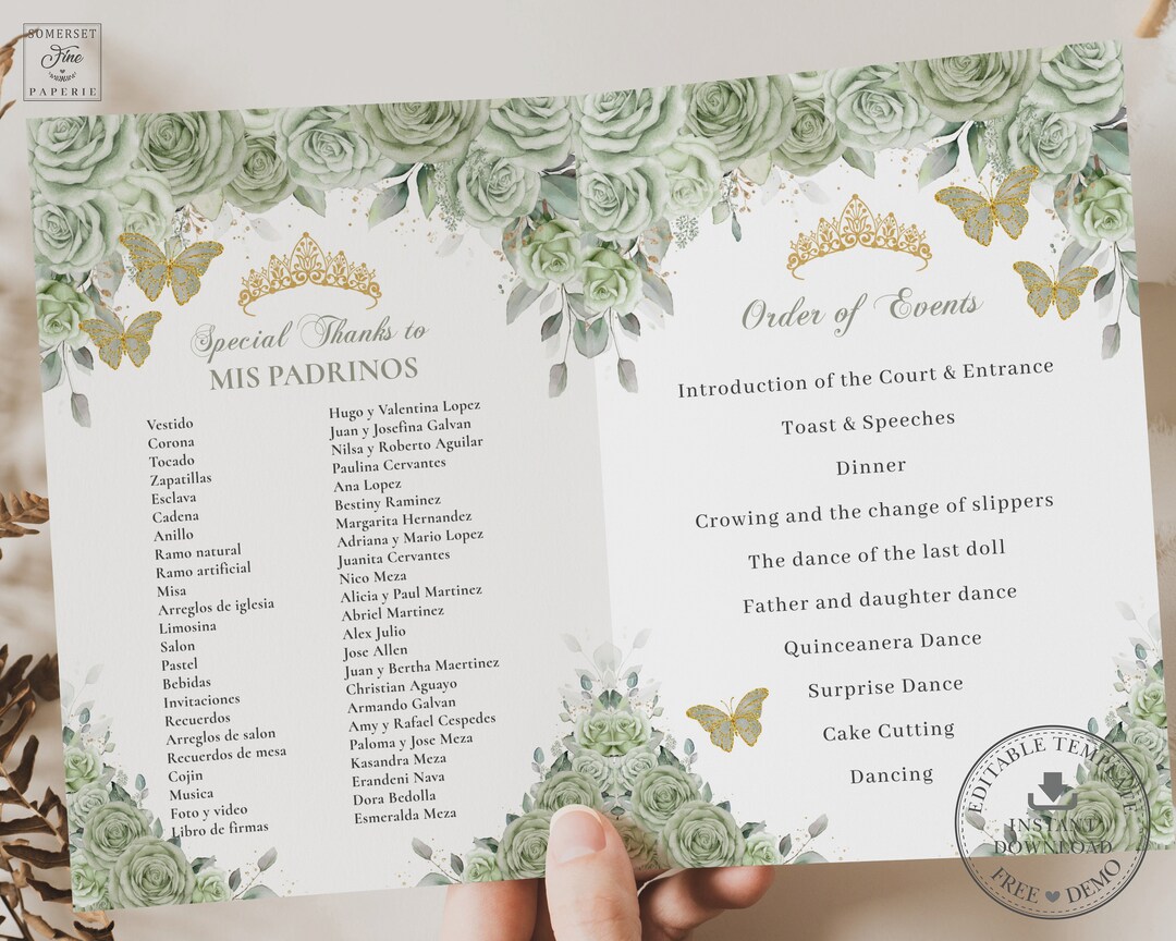 Sage Green Floral Gold Butterflies Quinceañera Program Printable ...