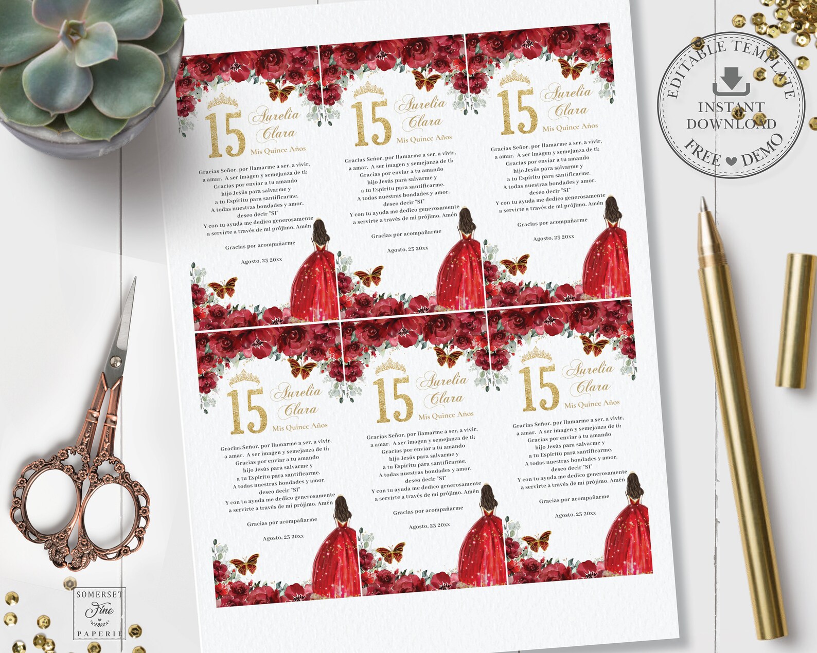 Prayer Card Rosary Favor Red Floral Roses EDITABLE TEMPLATE Quinceañera ...