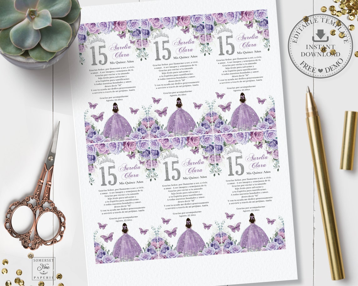 Prayer Card Rosary Favor Purple Lavender Lilac Floral Silver EDITABLE ...