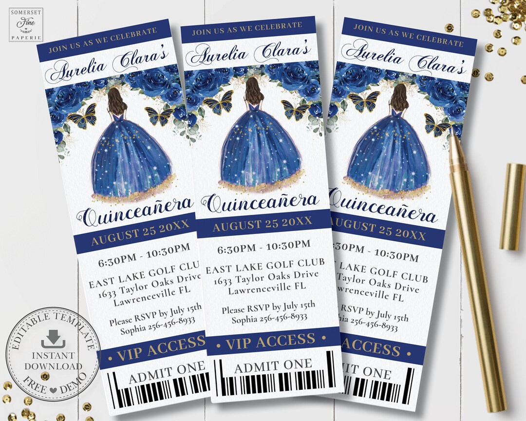 Royal Blue Floral Princess Gold Quinceañera Ticket Invitation EDITABLE ...