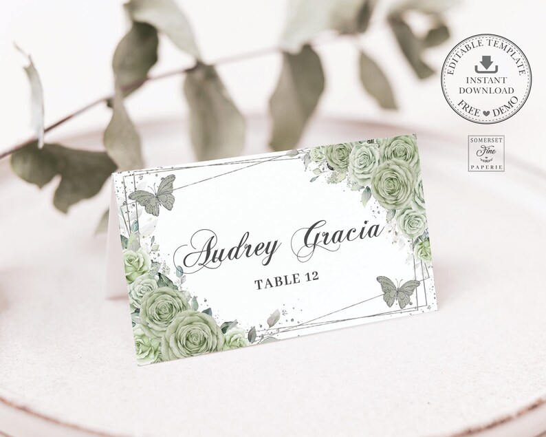 Sage Green Floral Place Cards Printable EDITABLE TEMPLATE, Guest Name ...