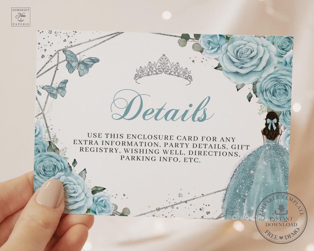 Turquoise Floral Silver Quinceañera Reception Details Enclosure Card ...