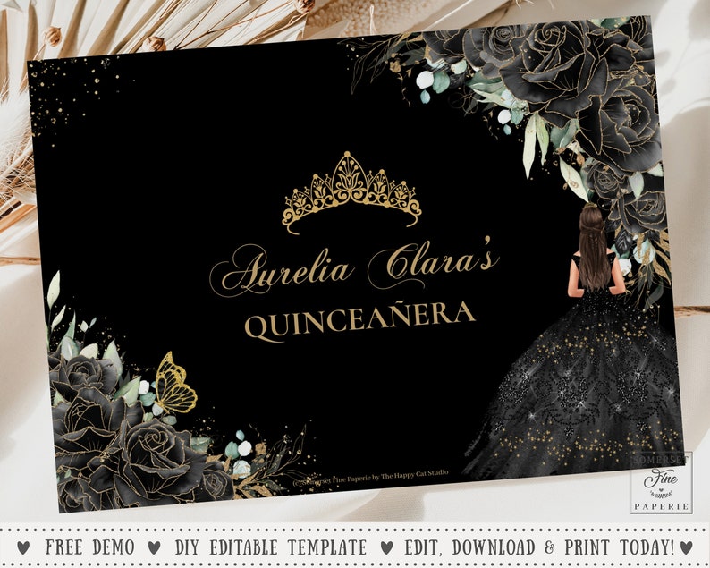 Black Floral Roses Quinceañera Save the Date Card EDITABLE - Etsy