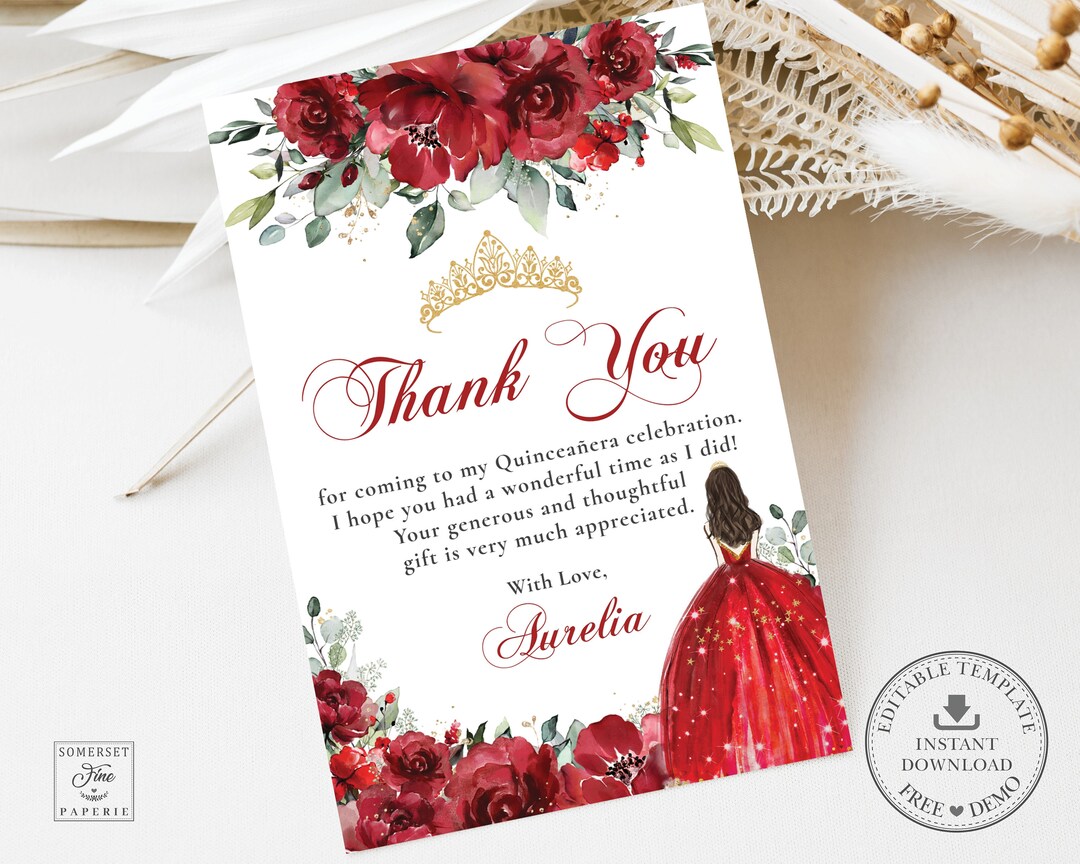 Red Floral Gold Crown Princess Quinceañera Thank You Card EDITABLE ...