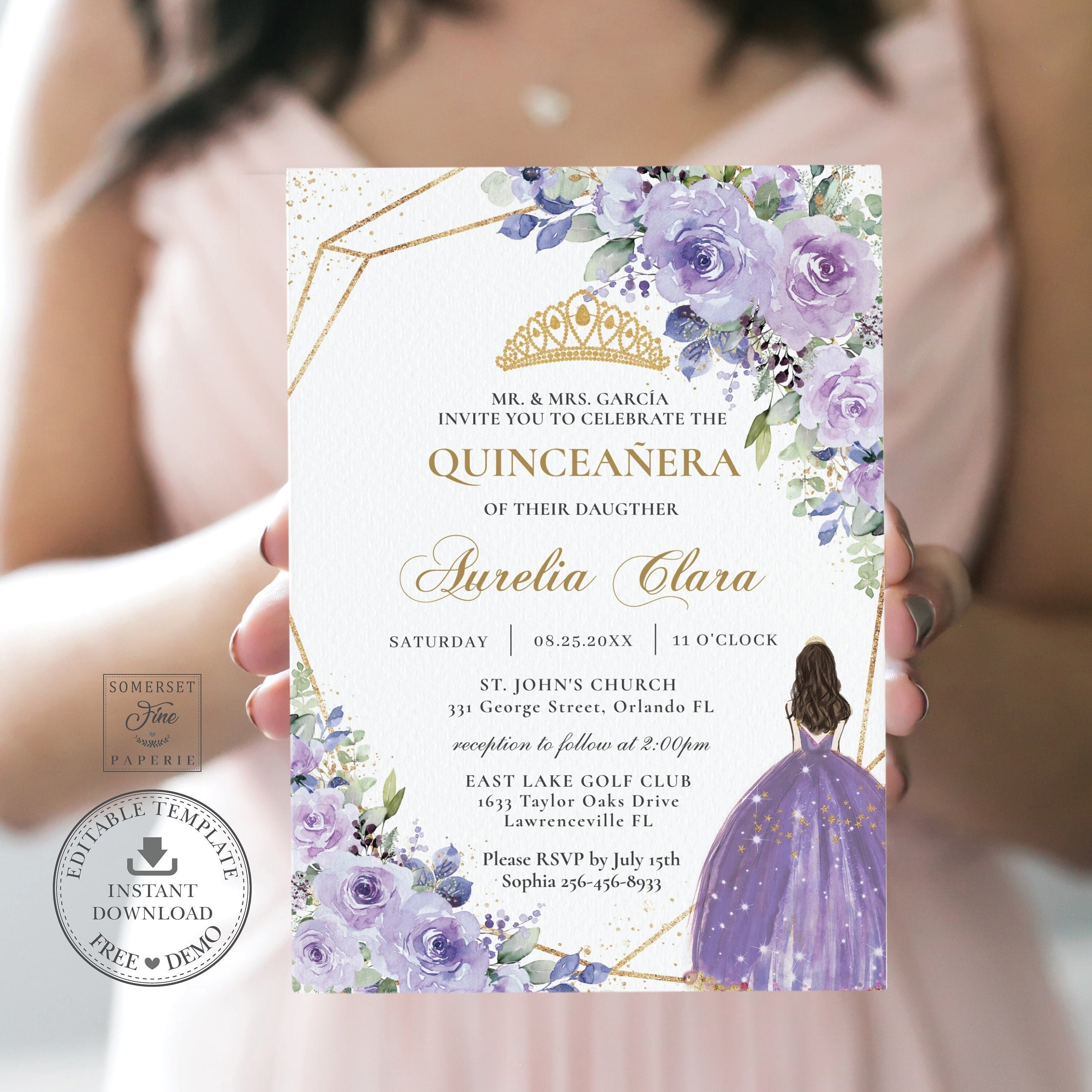 Purple Lilac Floral Quinceañera Invitation INSTANT DOWNLOAD | Etsy ...