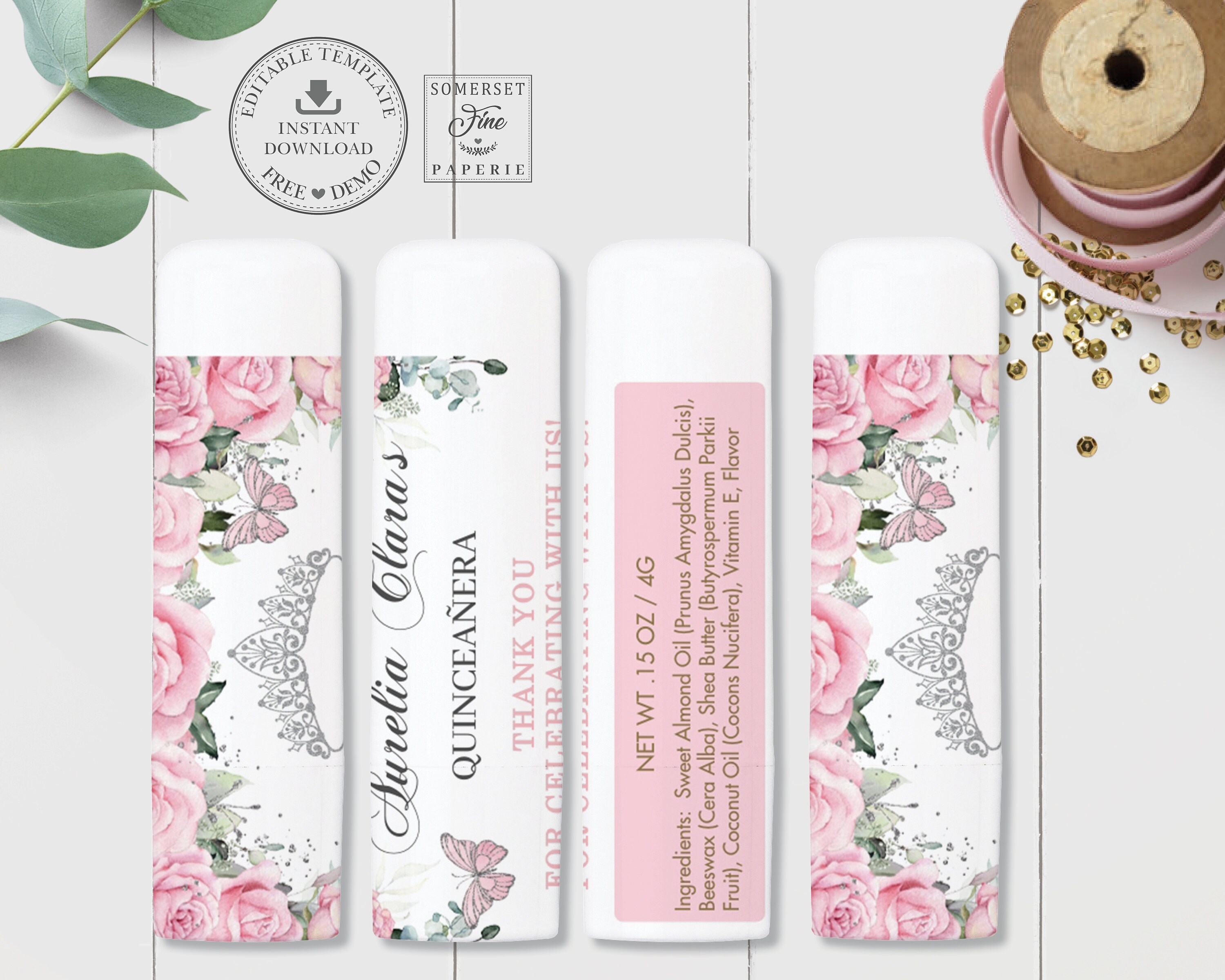 Pink Roses Floral Silver Crown Lip Balm Labels Printable EDITABLE ...