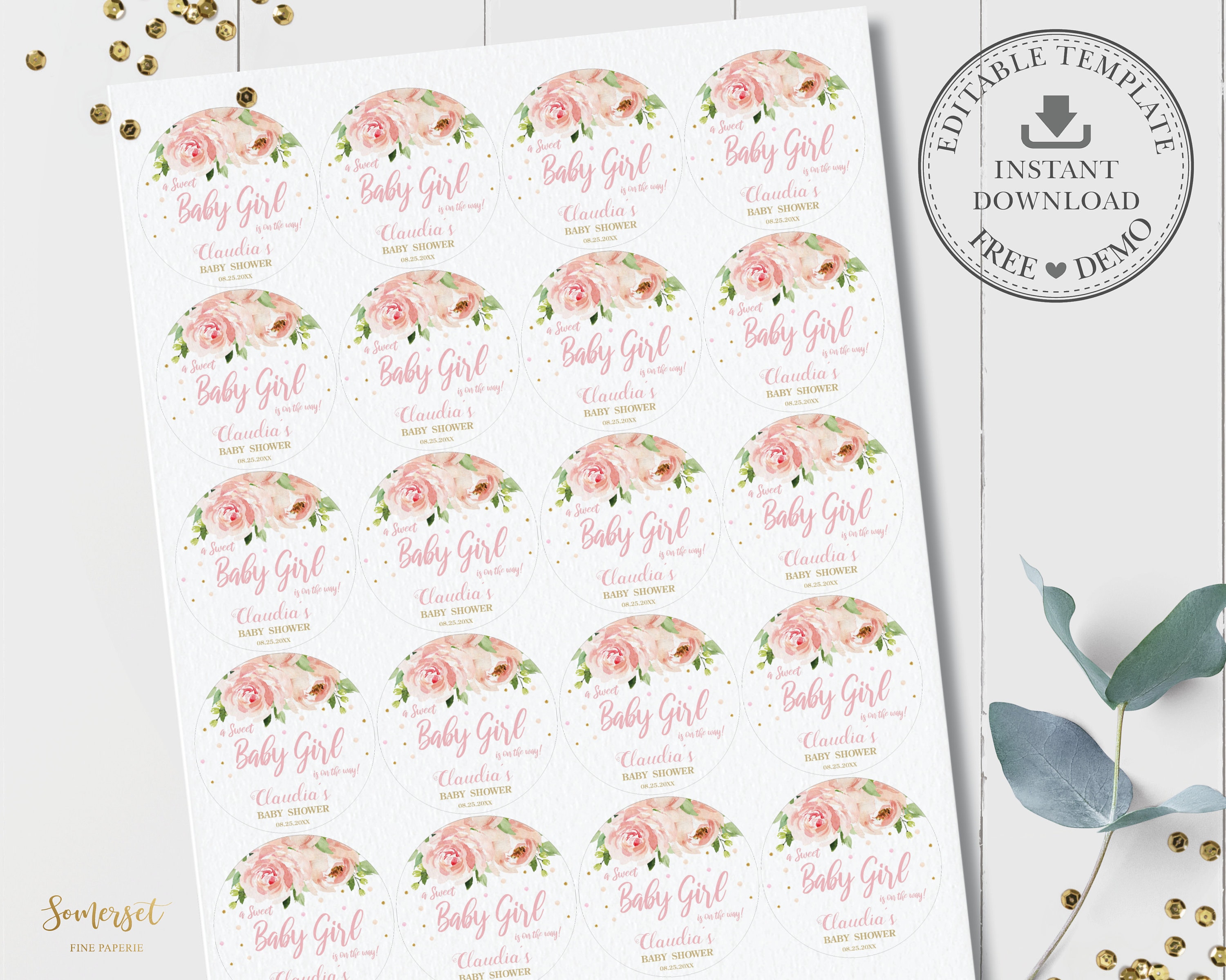 Blush Pink Floral 2 Inches Circle Round Label, EDITABLE TEMPLATE, Chic ...