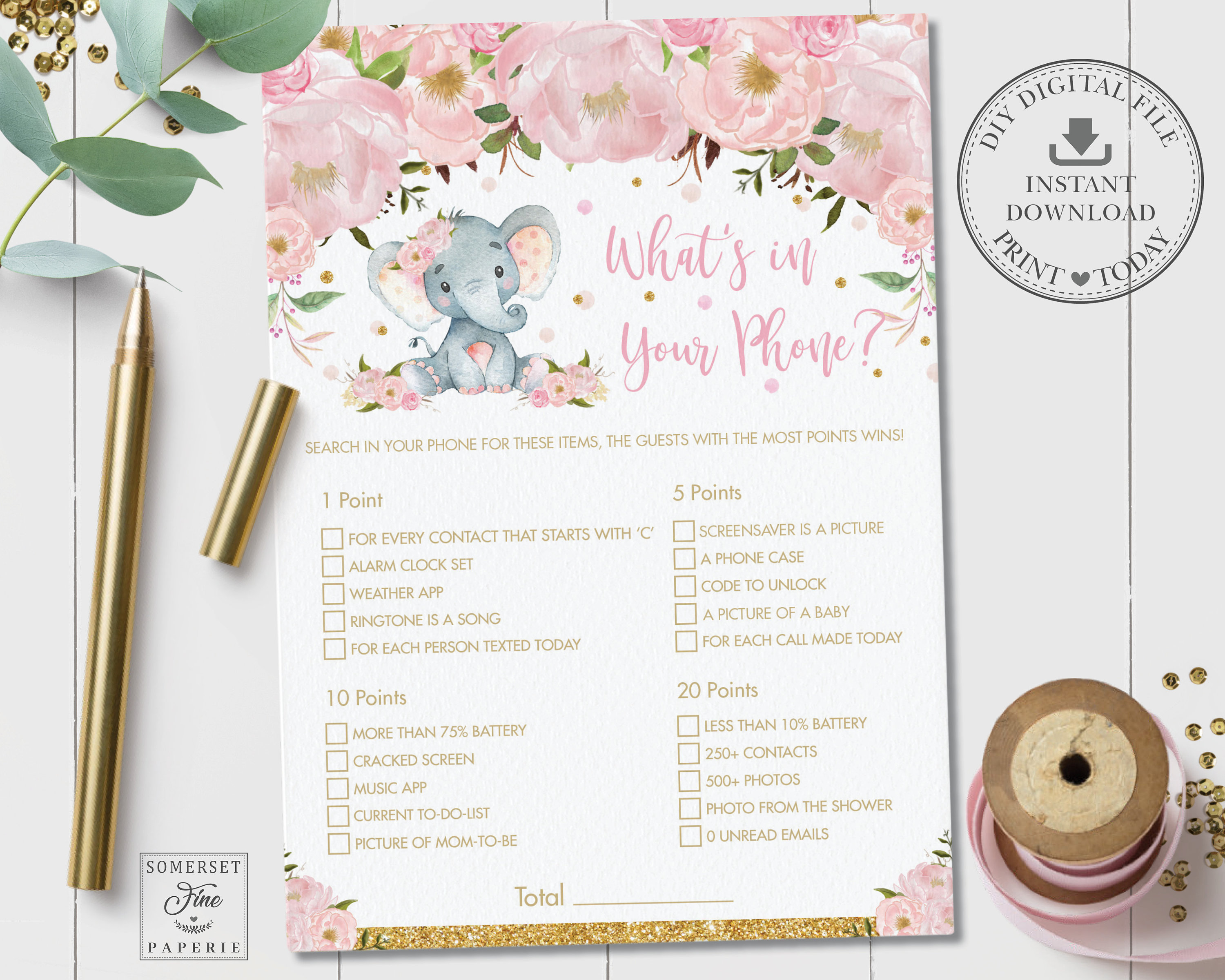 Elephant Pink Floral Baby Shower Game Bundle INSTANT - Etsy
