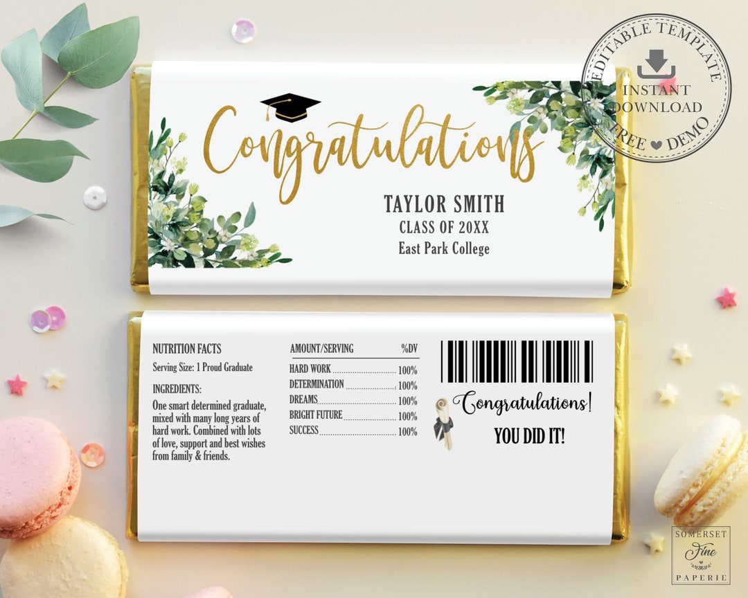 Chic Greenery Graduation Chocolate Bar Wrappers EDITABLE TEMPLATE ...