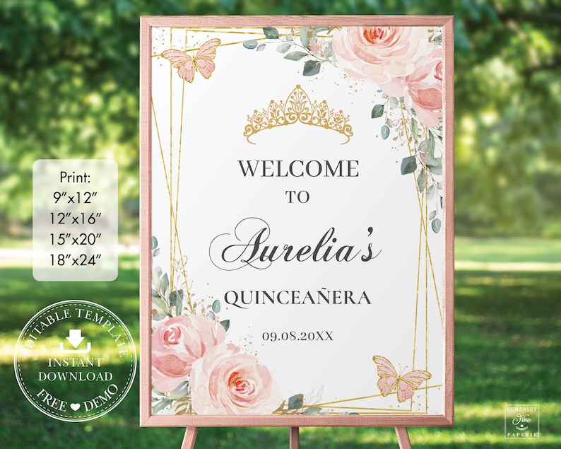 Blush Floral Gold Crown Quinceañera Welcome Sign Printable EDITABLE ...