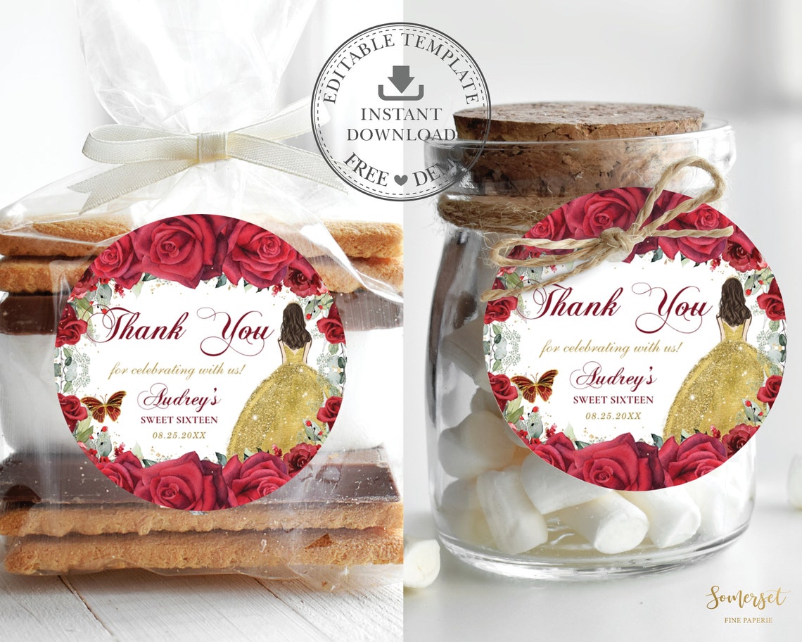 EDITABLE TEMPLATE 2" Circle Favor Label, Red Floral Roses Yellow Dress ...