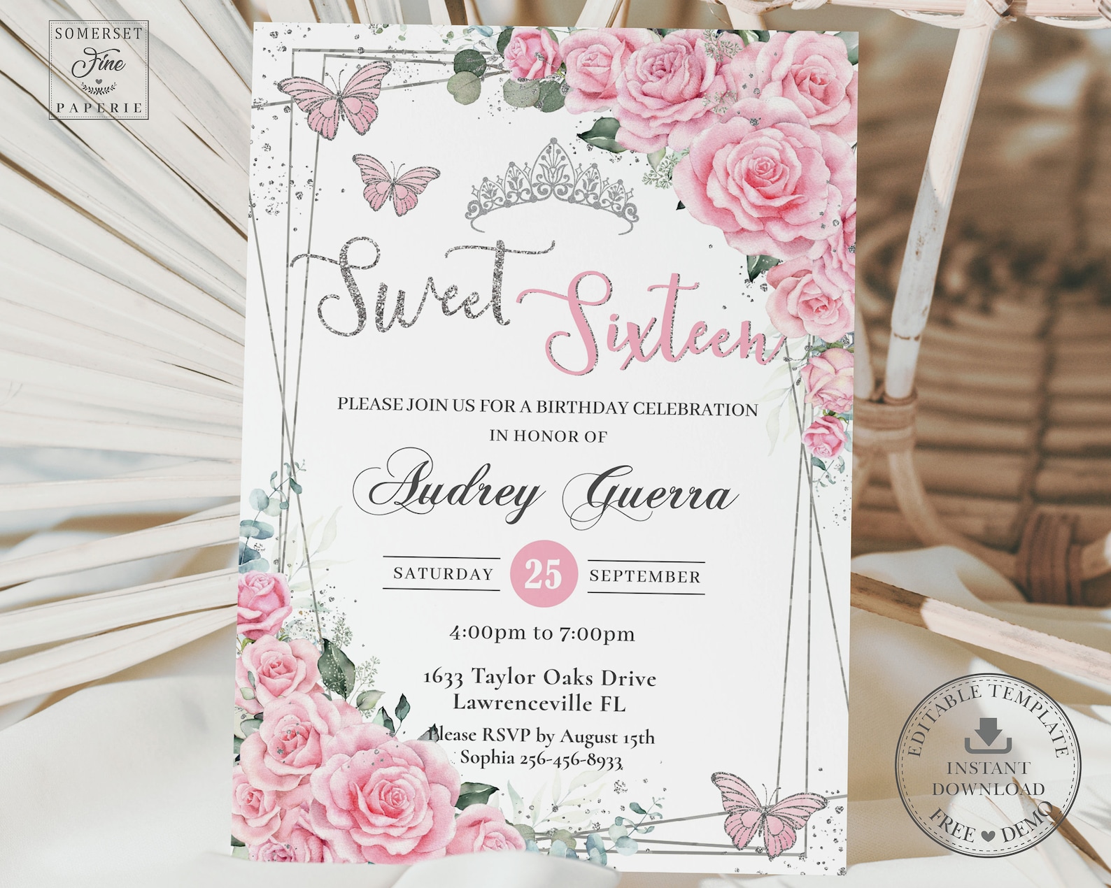 Pink Floral Sweet 16 Invitation INSTANT DOWNLOAD Butterflies - Etsy ...
